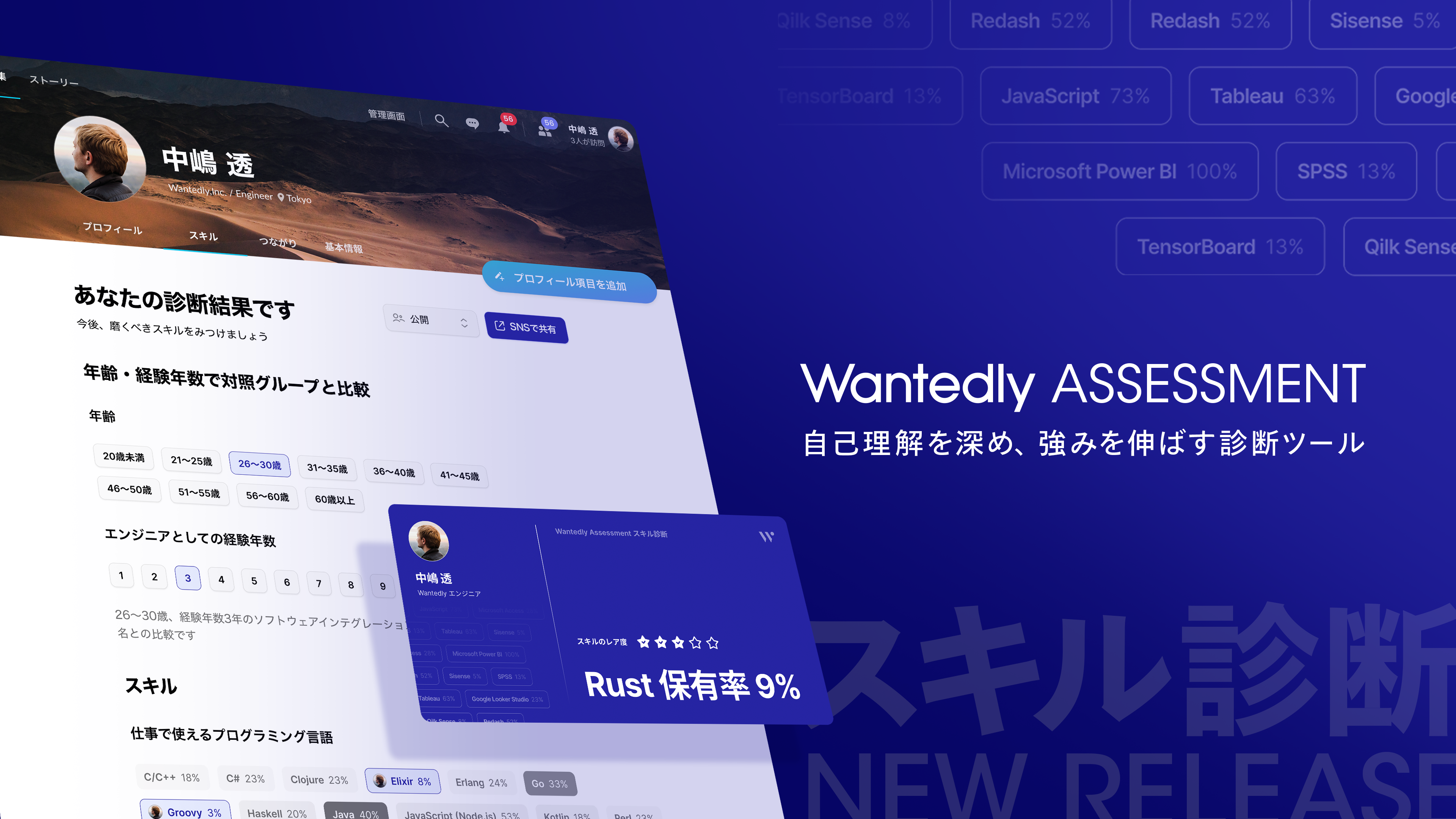 新プロダクト「Wantedly Assessment」をリリース／第一弾は「スキル診断」保有スキルの種類や希少性、学ぶべきものを可視化 | ウォンテッドリー株式会社のプレスリリース