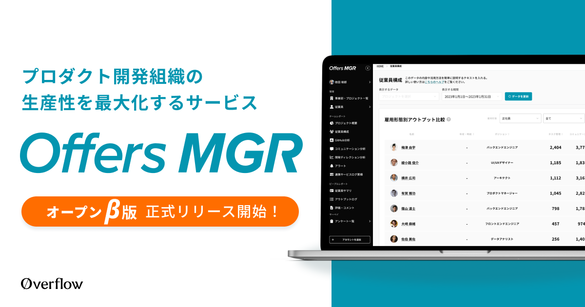 プロダクト開発組織の生産性最大化するサービス「Offers MGR」オープンβ版 リリース開始！ | 株式会社overflowのプレスリリース