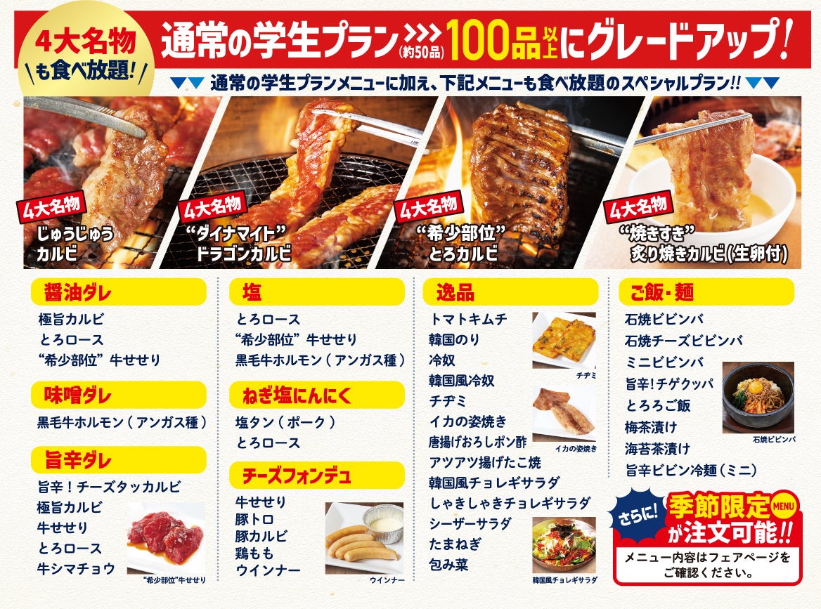 焼肉食べ放題「じゅうじゅうカルビ」期間限定で学生スペシャルコースを税込3000円で販売開始。 グルメプレス