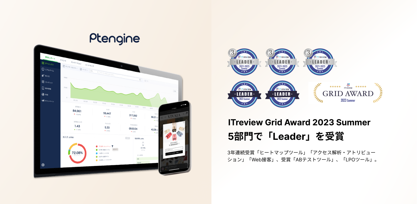 【Ptengine】 ITreview Grid Award 2023 Summerの5部門で「Leader」を受賞 | 株式会社Ptmindのプレスリリース